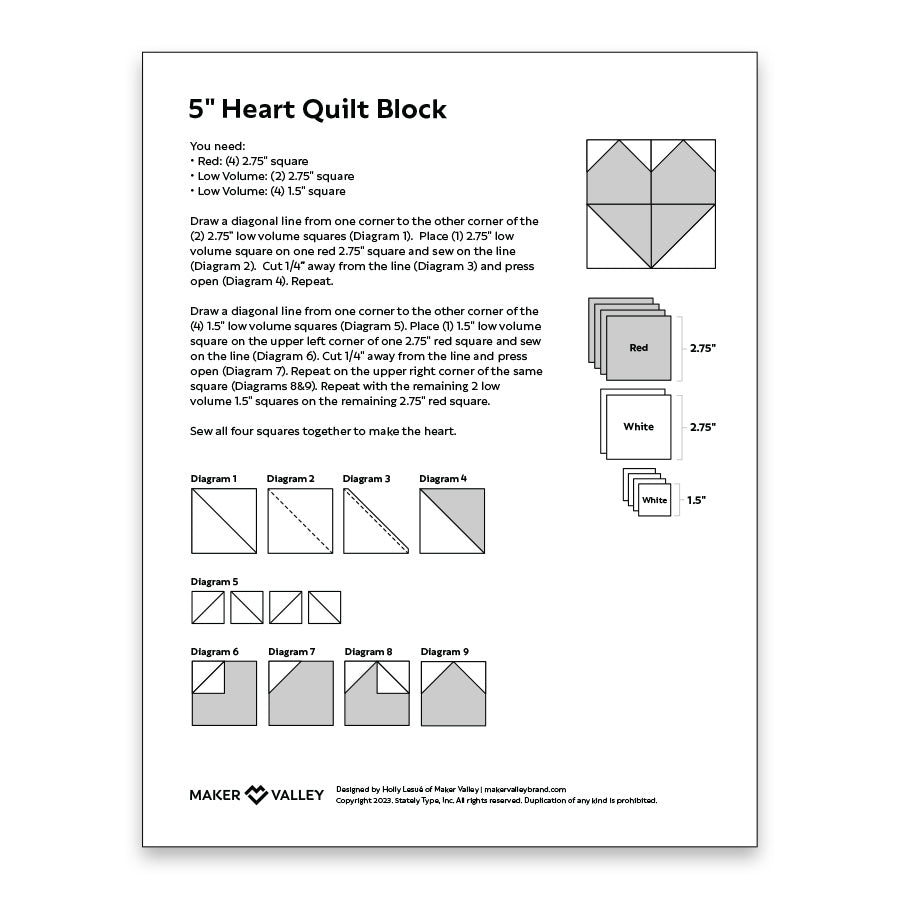 5" Heart Quilt Block - Downloadable PDF – Maker Valley